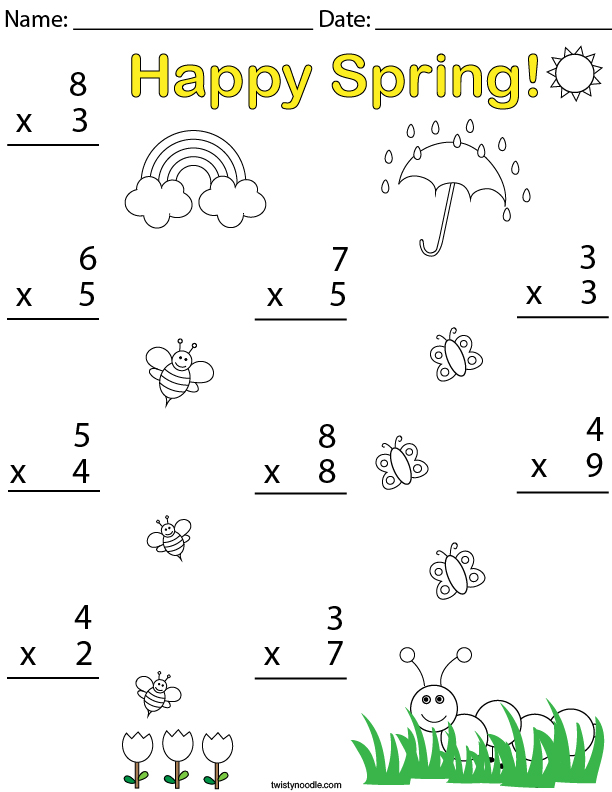 Spring Multiplication - 1 digit Math Worksheet - Twisty Noodle